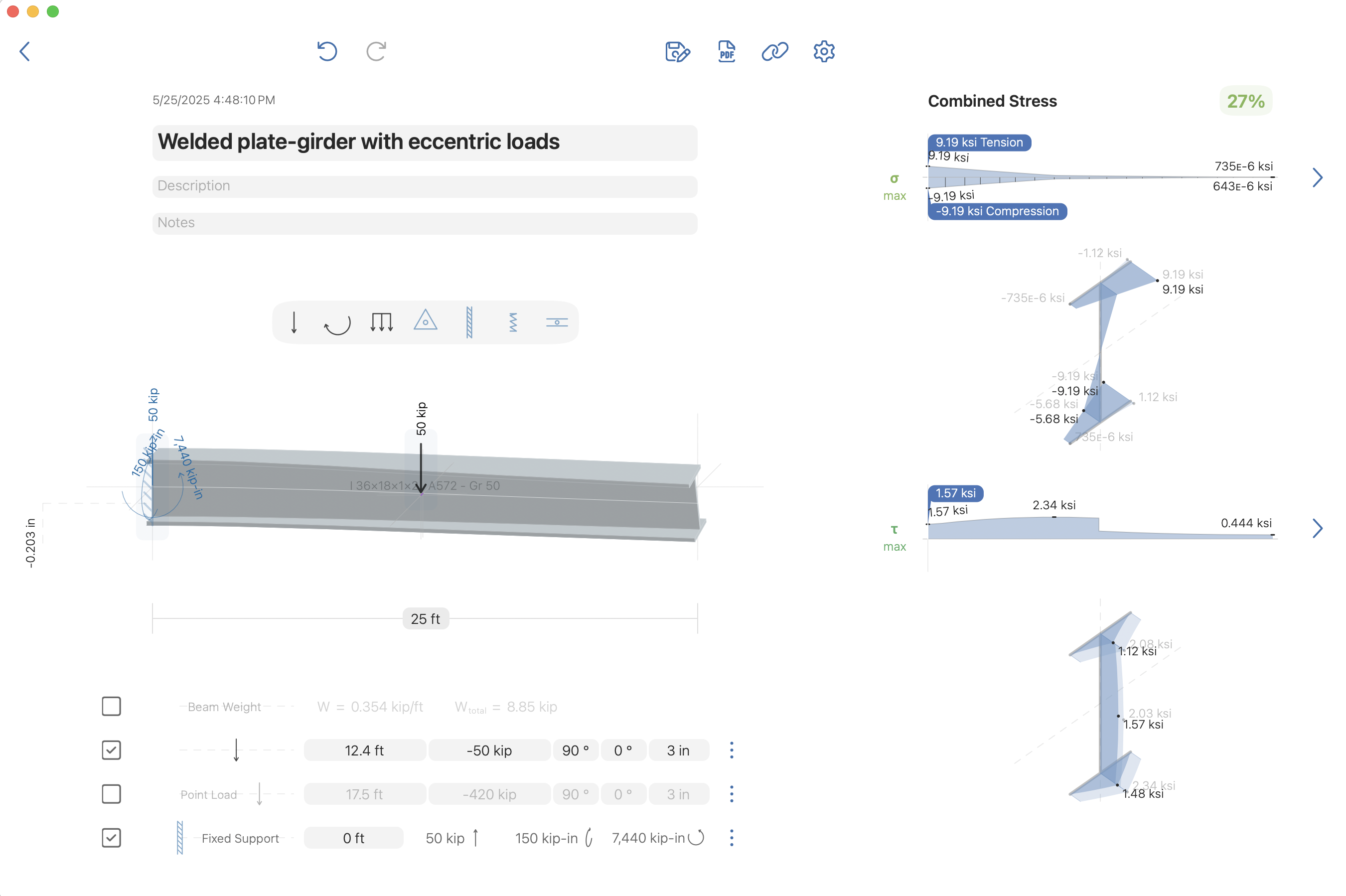 Structural analysis app screenshot